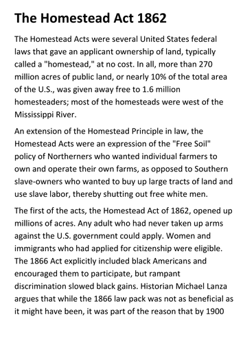 The Homestead Act 1862 Handout | Teaching Resources
