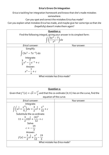 Erica's Errors On Integration | Teaching Resources Erica's Errors On Integration | Teaching Resources
