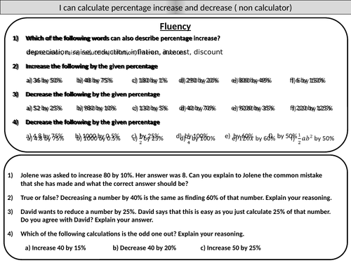 Percentage increase and decrease (non calculator) - mastery worksheet ...