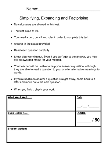 Simplifying, Expanding, Factorising Single Brackets Test | Teaching ... Simplifying, Expanding, Factorising Single Brackets Test | Teaching ...