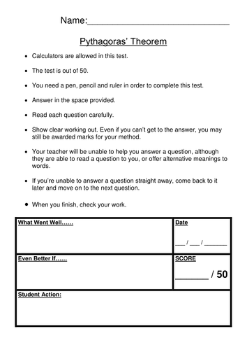 Pythagoras Theorem Test Teaching Resources