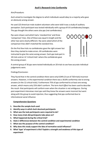 Asch (1951) and Variations (Conformity) Social Influence | Teaching ...