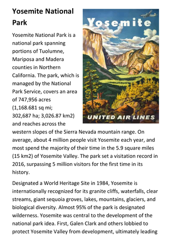 Yosemite National Park Handout | Teaching Resources