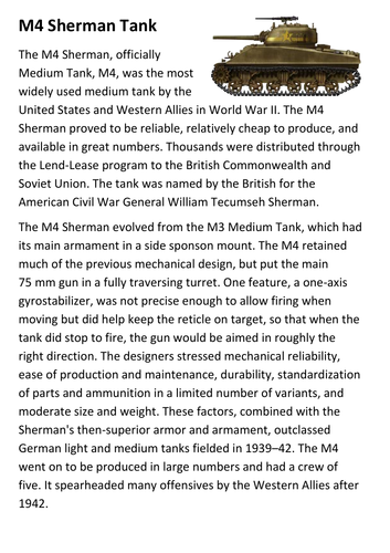 M4 Sherman Tank Handout | Teaching Resources