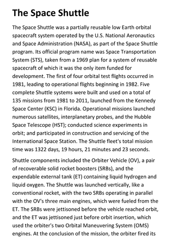 The Space Shuttle Handout | Teaching Resources