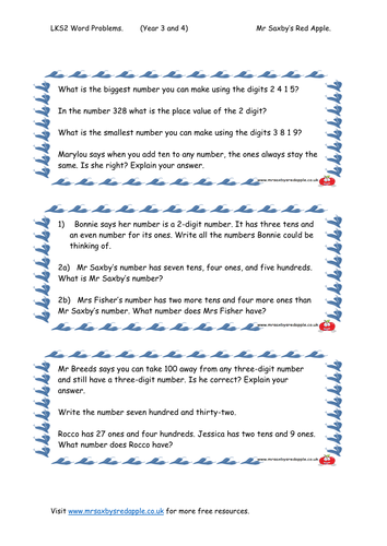 Place Value Word Problems year 3 4 3 levels of differentiation with ...