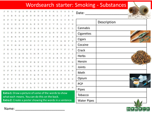Smoking Substances PHSE Keyword Starters Wordsearch Crossword Homework ...