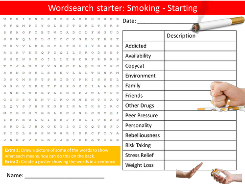 Smoking Starting PHSE Keyword Starters Wordsearch Crossword Homework ...