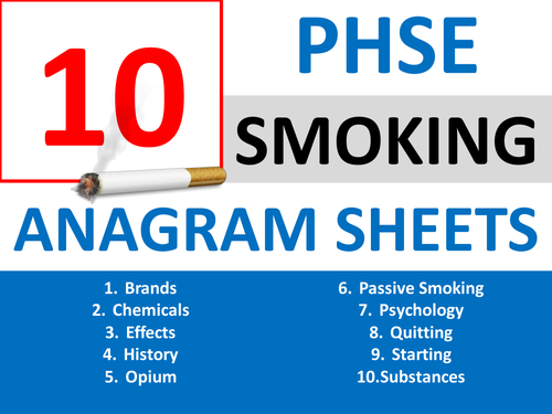 10 Smoking Anagram Sheets PHSE PSHE Keyword Starters Homework Cover ...