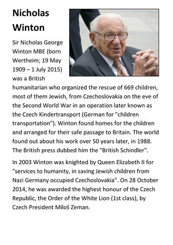 Nicholas Winton Handout | Teaching Resources
