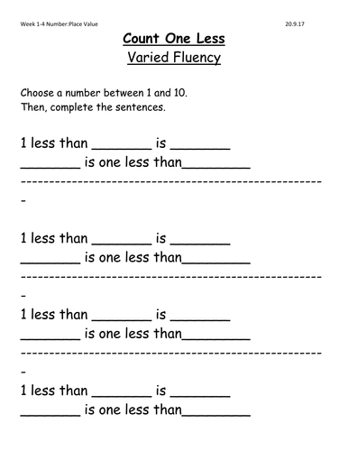 Count One Less Year 1 Number : Place Value | Teaching Resources