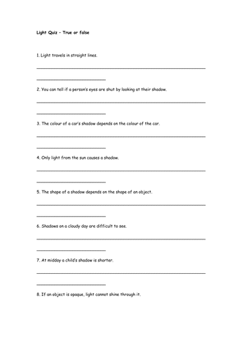Light - True or False Quiz (Assessment) | Teaching Resources Light - True or False Quiz (Assessment) | Teaching Resources