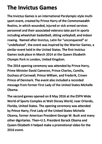 The Invictus Games Handout | Teaching Resources