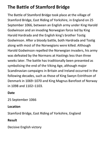 The Battle of Stamford Bridge Handout | Teaching Resources