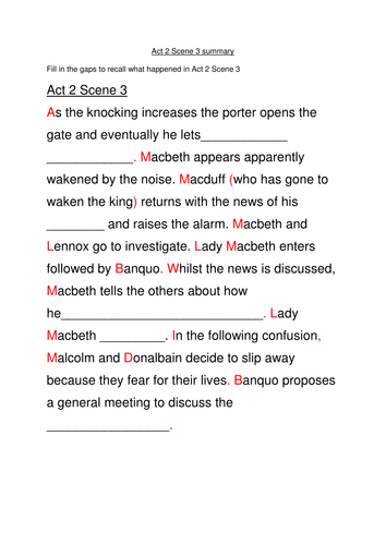Macbeth Act 2 Scene 3 plot summary cloze exercise | Teaching Resources