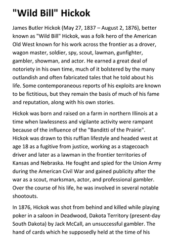 Wild Bill Hickok Handout | Teaching Resources