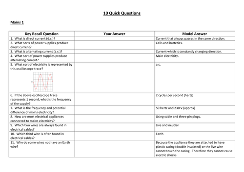 AQA GCSE Science - 10 Quick Factual Recall Questions - Mains ...