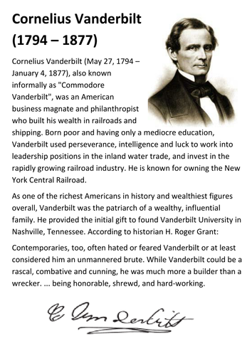 Cornelius Vanderbilt Handout | Teaching Resources