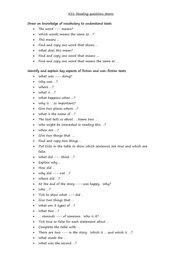 KS1 Reading Question Stems | Teaching Resources