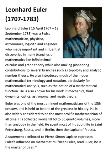 Leonhard Euler Handout | Teaching Resources