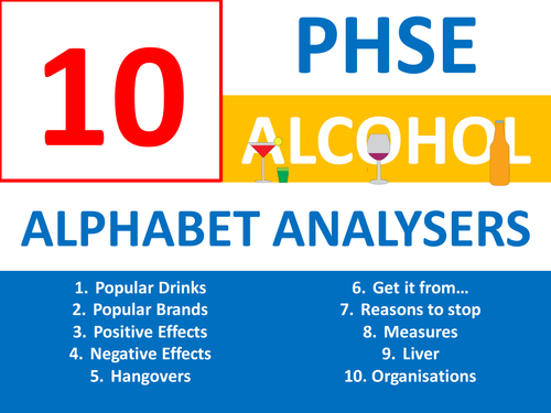 10 x Alcohol Awareness PSHE PHSE Alphabet Analysers Keyword Starters ...