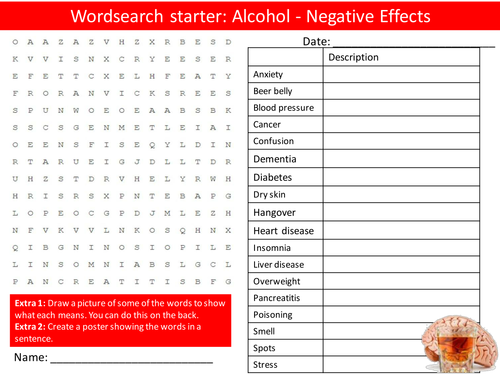 Alcohol PSHE Negative Effects Keyword Starters Wordsearch Crossword ...