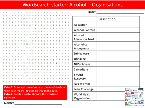 Alcohol PSHE Organisations That Can Help Keyword Starters Wordsearch ...