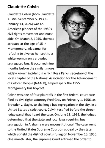 Claudette Colvin Handout | Teaching Resources