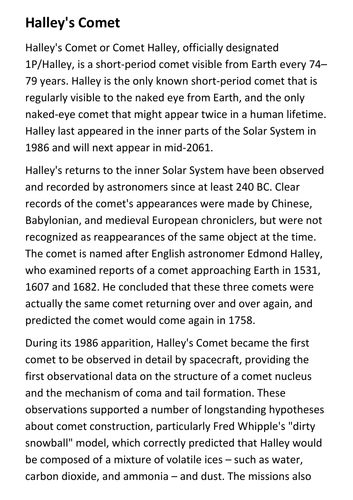 Halley's Comet Handout | Teaching Resources