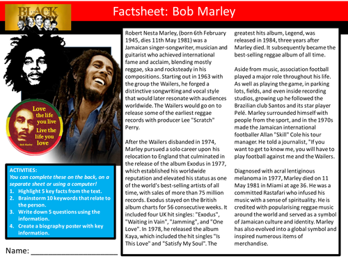 Bob Marley Factsheet Worksheet Keyword Starter Settler Activity Cover ...