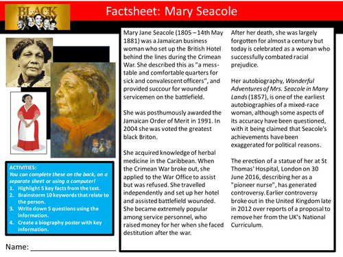 Mary Seacole Factsheet Worksheet Keyword Starter Settler Activity Cover ...
