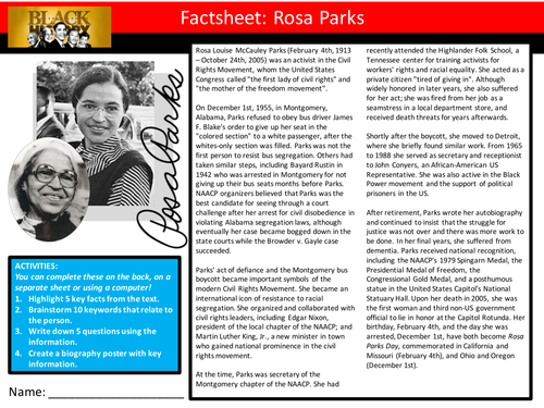 Rosa Parks Factsheet Worksheet Keyword Starter Settler Activity Cover ...