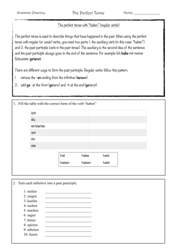 German Grammar Practice - Perfect tense (regular and irregular with ...