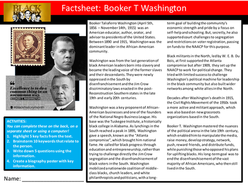 Booker T Washington Factsheet Worksheet Keyword Starter Settler Cover ...