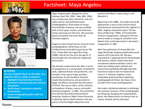 Maya Angelou Factsheet Worksheet Keyword Starter Settler Activity Cover ...