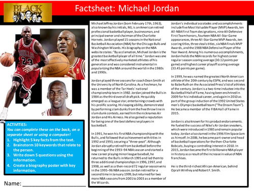 Michael Jordan Factsheet Worksheet Keyword Starter Settler Activity ...