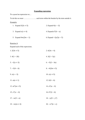 Expanding a single bracket - worksheet | Teaching Resources Expanding a single bracket - worksheet | Teaching Resources