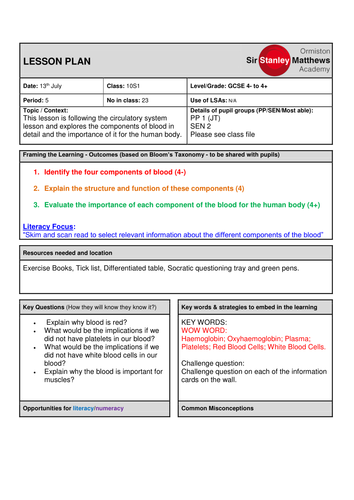 Blood Lesson GCSE Biology | Teaching Resources