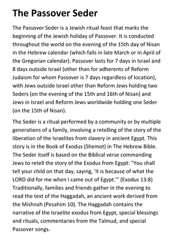 The Passover Seder Handout | Teaching Resources