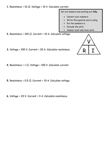 V=IR Calculations, Very Structured, GCSE Physics by MrLaws | Teaching ...