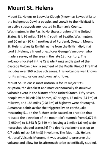 Mount St. Helens Handout | Teaching Resources