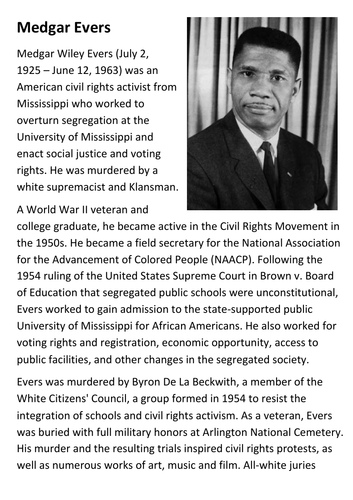 Medgar Evers Handout | Teaching Resources Medgar Evers Handout | Teaching Resources