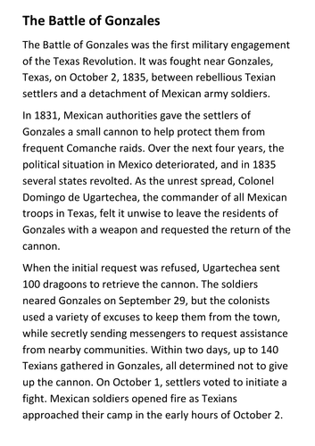 The Battle of Gonzales Handout | Teaching Resources