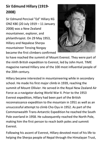 Sir Edmund Hillary Handout | Teaching Resources