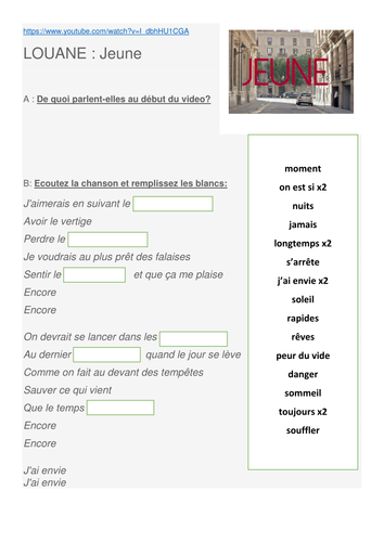 French Song Gapfill & Activities: Jeune by Louane | Teaching Resources