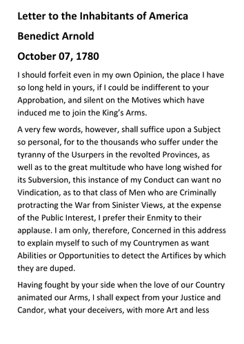 Letter to the Inhabitants of America by Benedict Arnold | Teaching ...