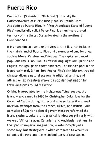 Puerto Rico Handout | Teaching Resources