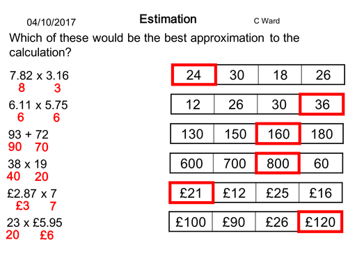 WHOLE LESSON: SIMPLE ESTIMATION OF CALCULATIONS | Teaching Resources