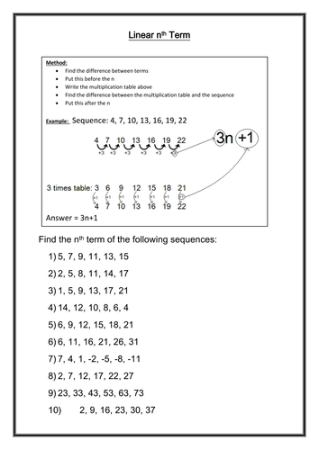 Finding Nth Term Of Linear Sequence Questions With Explanation Teaching Resources