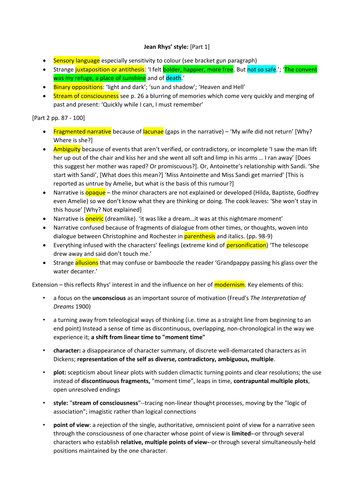 An information sheet on Jean Rhys' style in Wide Sargasso Sea for A ...